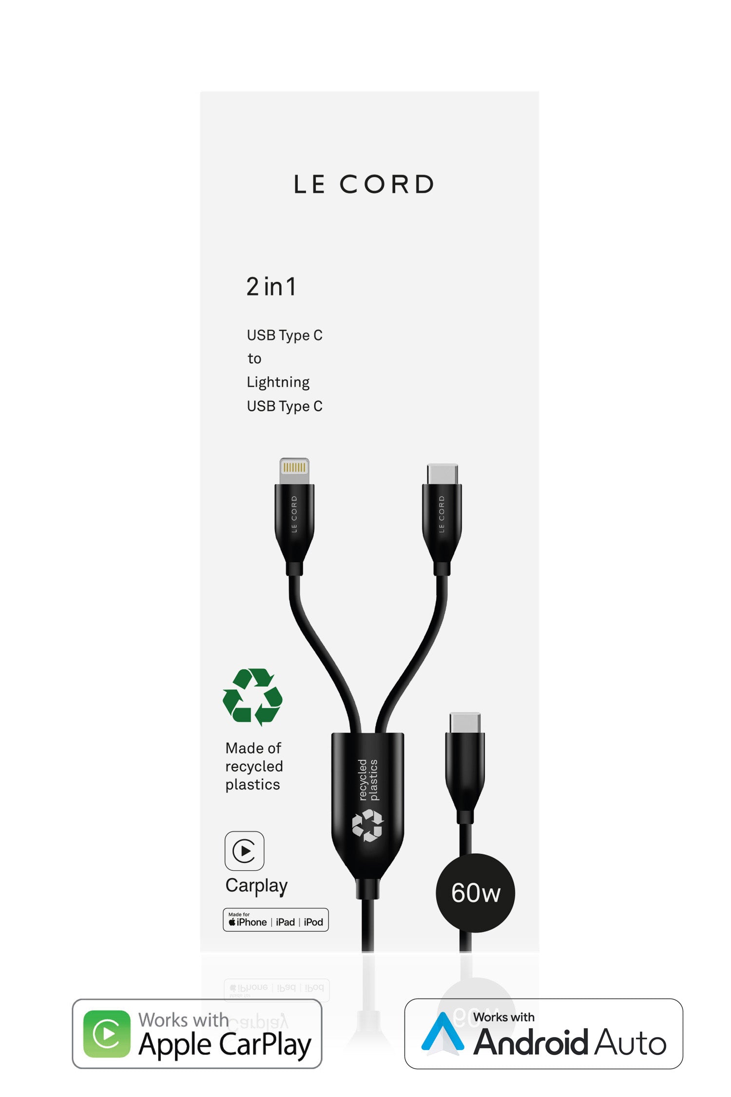 2 in 1 multi cable USB-C · CarPlay · 60W · Recycled plastics – choosejust