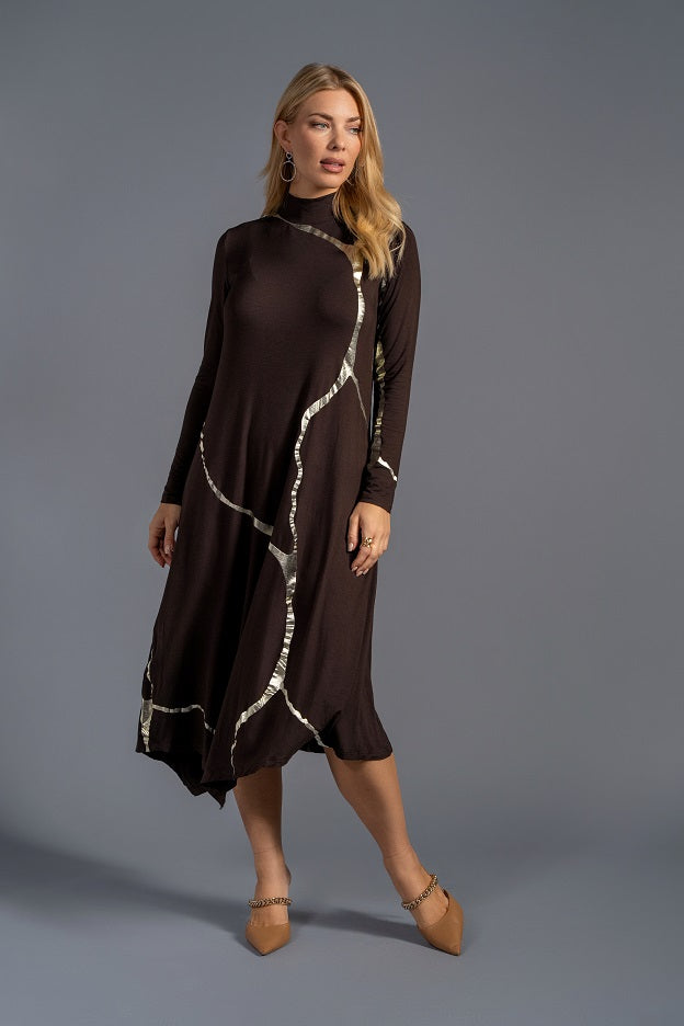Mock Neck Hikari Brown Champagne Foil Kintsugi Dress – choosejust